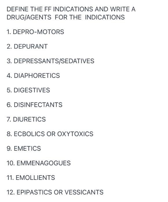 Solved DEFINE THE FF INDICATIONS AND WRITE A DRUG/AGENTS FOR | Chegg.com