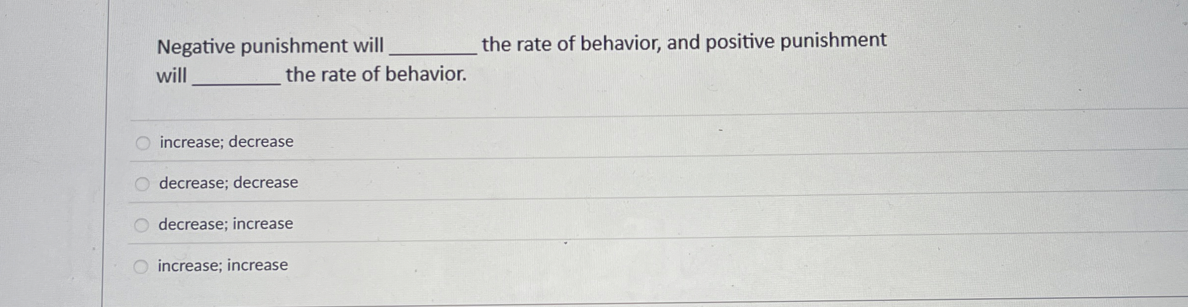Solved Negative punishment willthe rate of behavior, and | Chegg.com