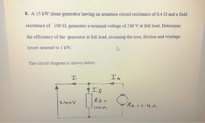 Solved 8. A 15 kW shunt generator having an armature circuit | Chegg.com