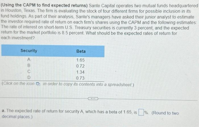 Solved (Using the CAPM to find expected returns) Sante | Chegg.com