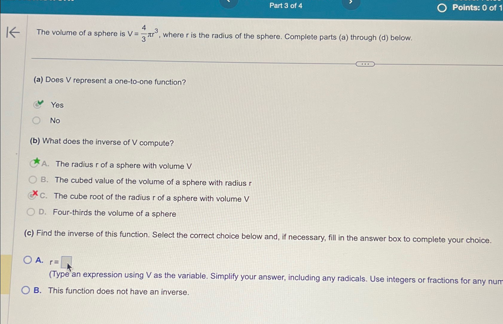 Solved Part 3 ﻿of 4Points: 0 ﻿of 1The volume of a sphere is | Chegg.com