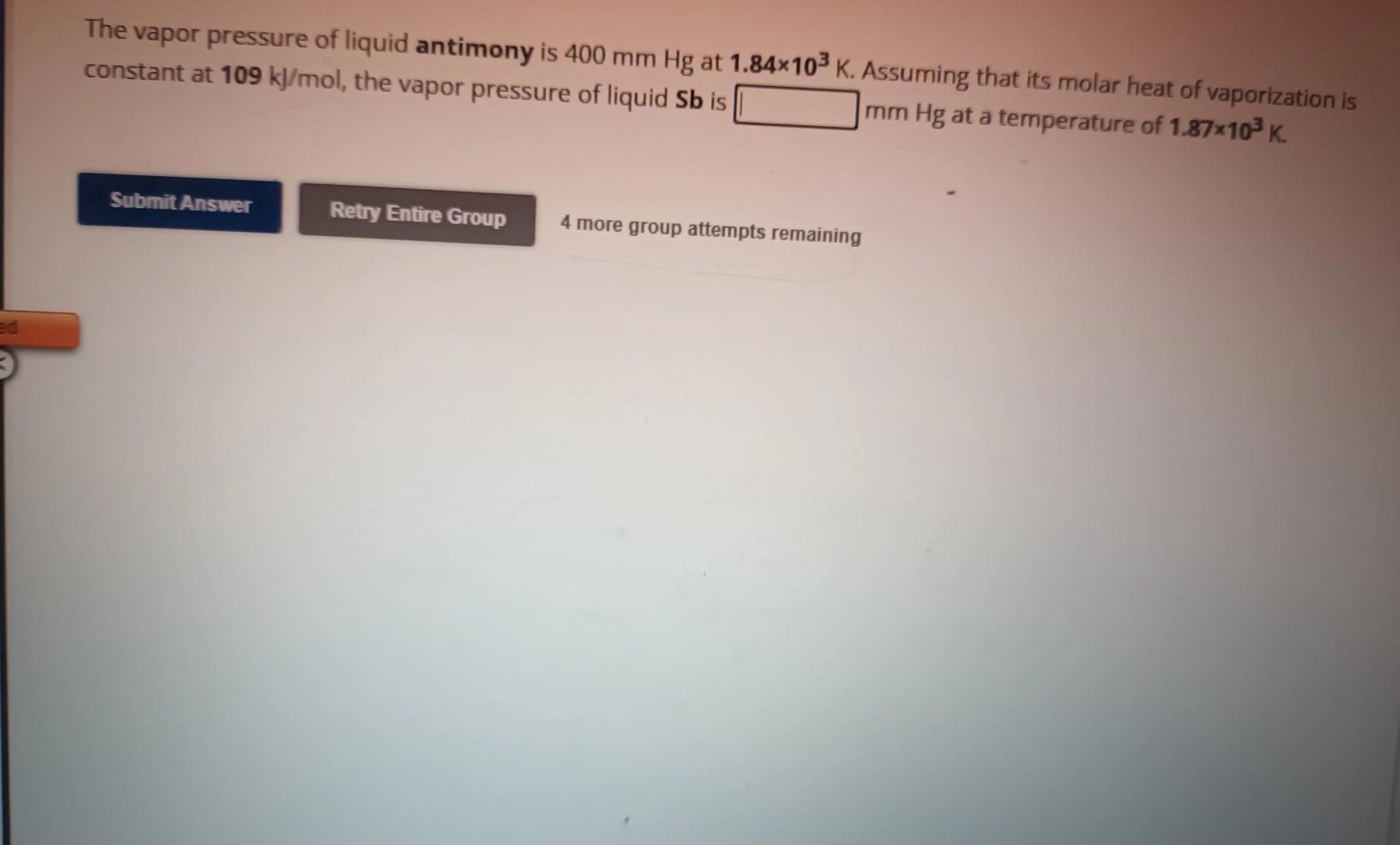 Solved The vapor pressure of liquid antimony is 400 mmHg at | Chegg.com