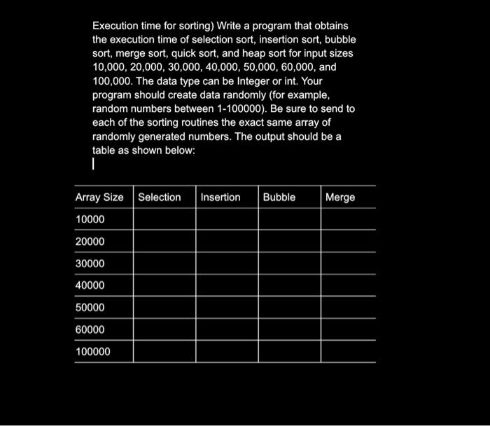 Solved Execution Time For Sorting Write A Program That