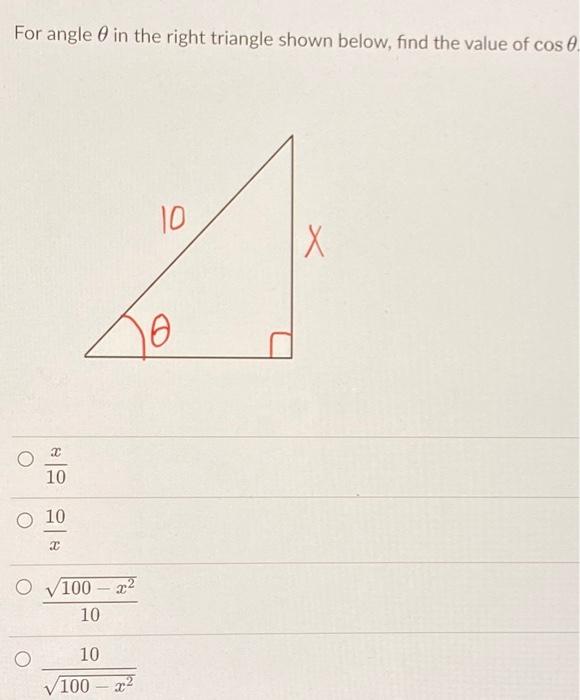 Solved For angle in the right triangle shown below, find the | Chegg.com