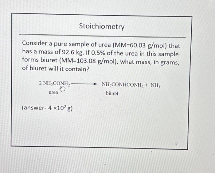 Solved Consider a pure sample of urea (MM=60.03 g/mol) that | Chegg.com