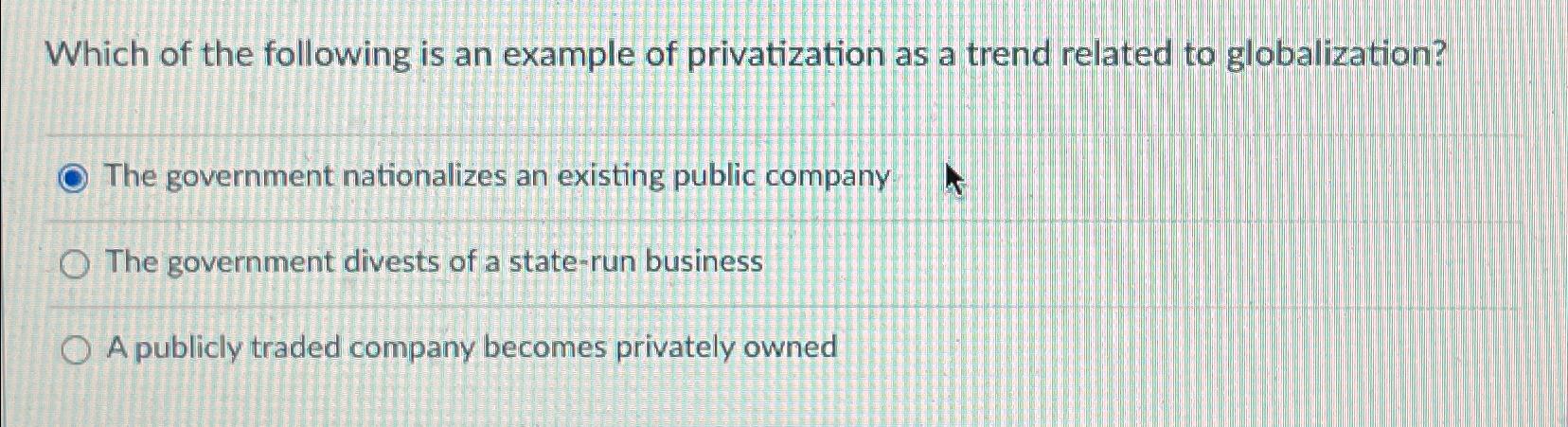 Solved Which of the following is an example of privatization | Chegg.com