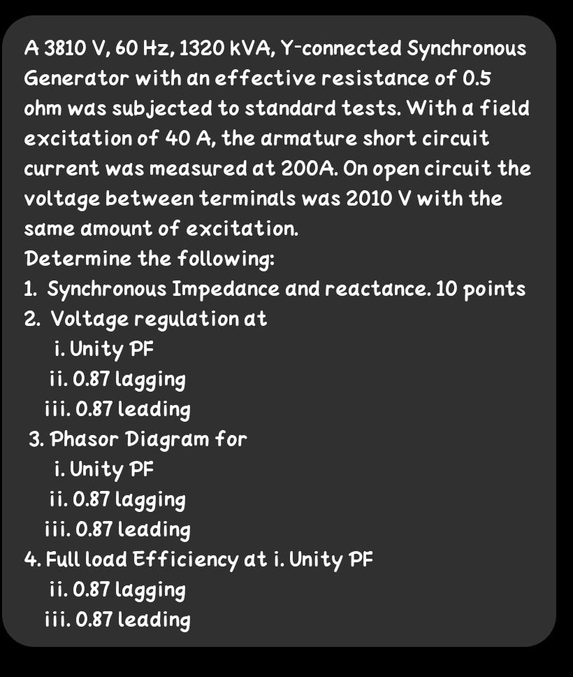 Solved A 3810 V, 60 Hz, 1320 KVA, Y-connected Synchronous | Chegg.com