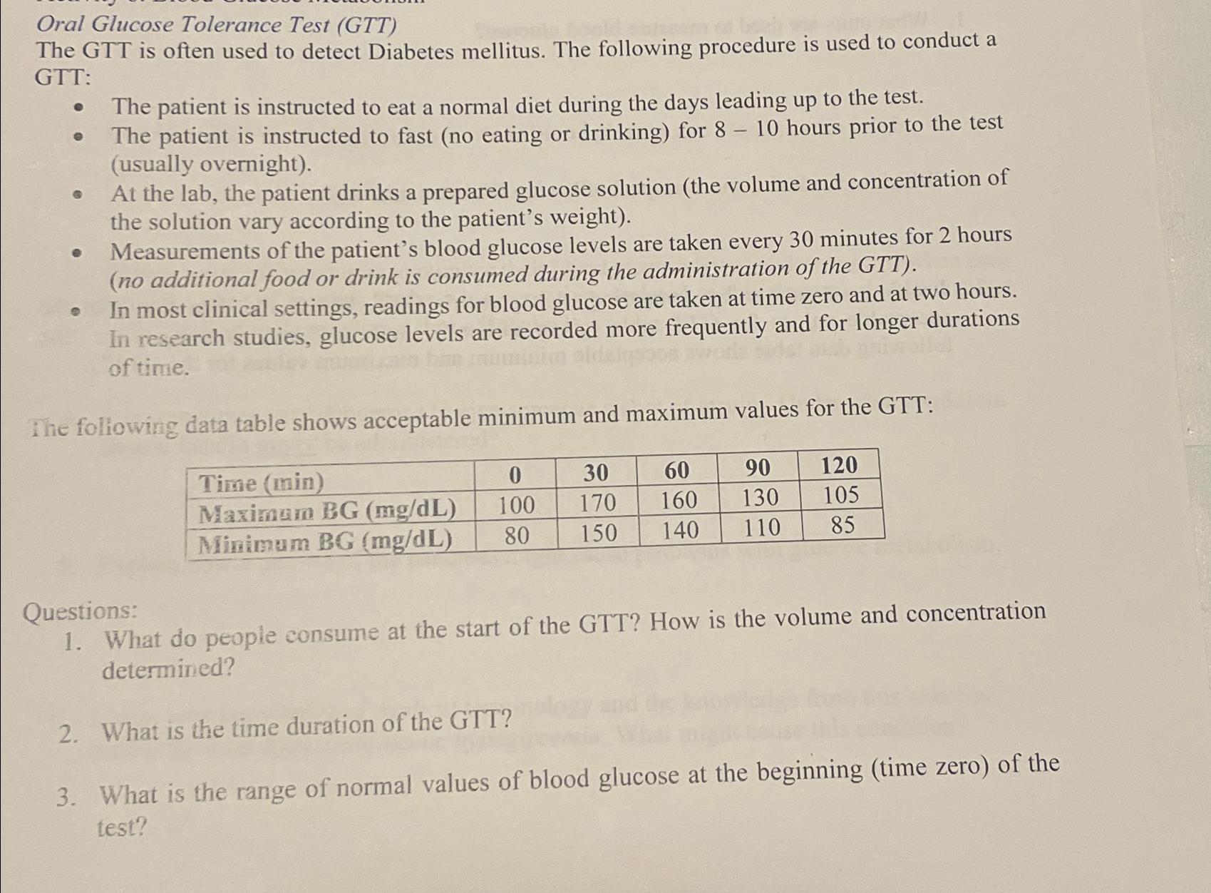 Solved Oral Glucose Tolerance Test (GTT)The GTT is often | Chegg.com