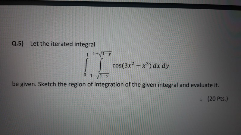 Solved Q.5) Let the iterated integral 1 1+, 1-y cos(3x2 – | Chegg.com