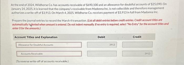 Solved At the end of 2024, Wildhorse Co. has accounts | Chegg.com