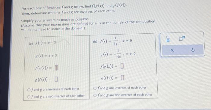 Solved For each pair of functions f and g below, find | Chegg.com