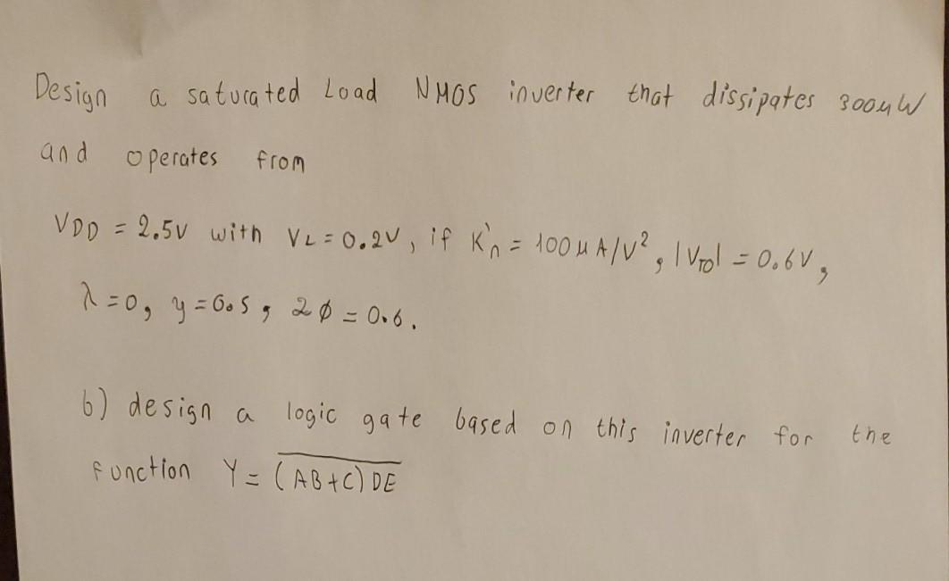Solved Design a saturated Load NMOs inverter that that | Chegg.com