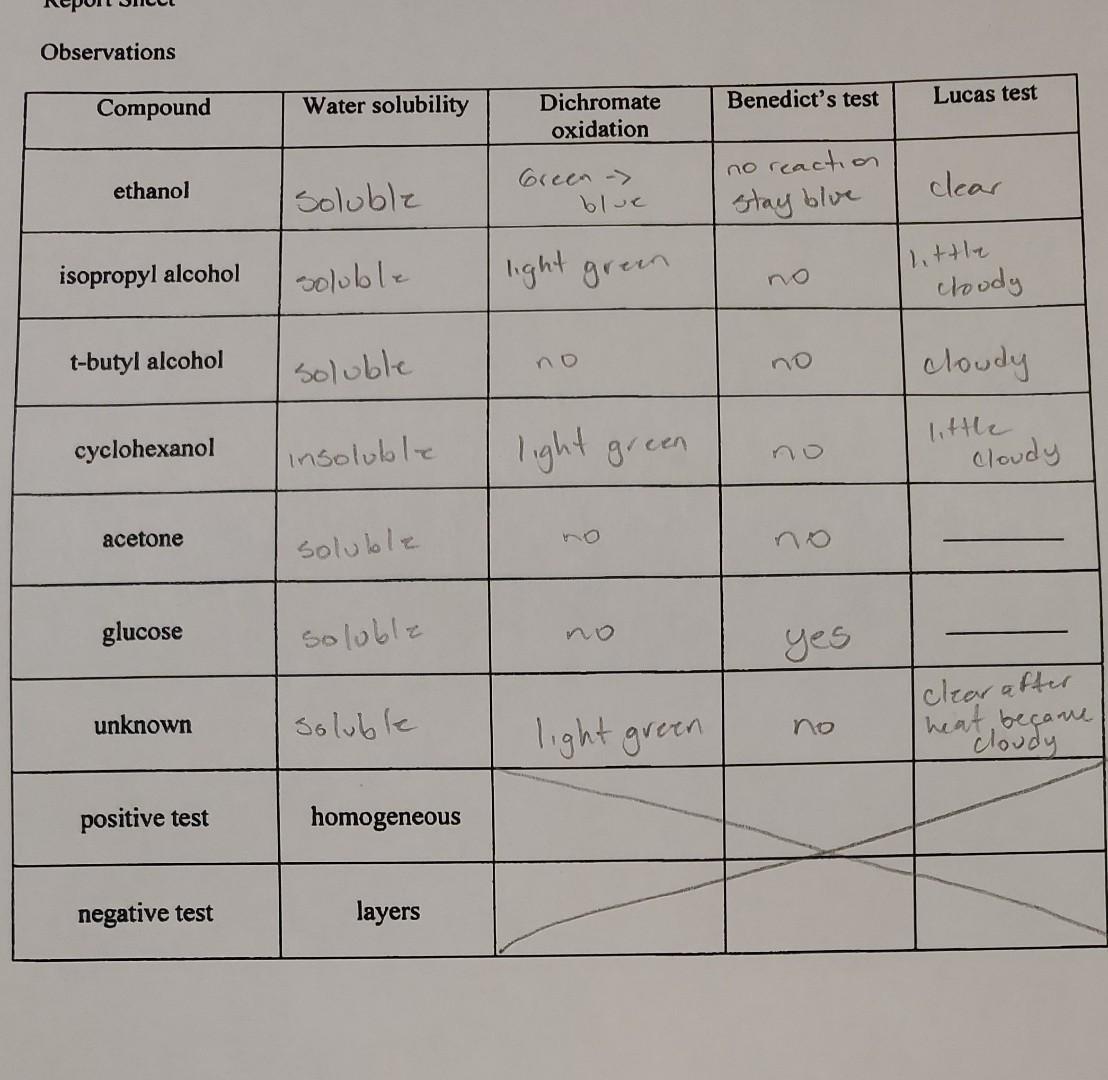 Solved Observations Benedict's test Lucas test Compound | Chegg.com