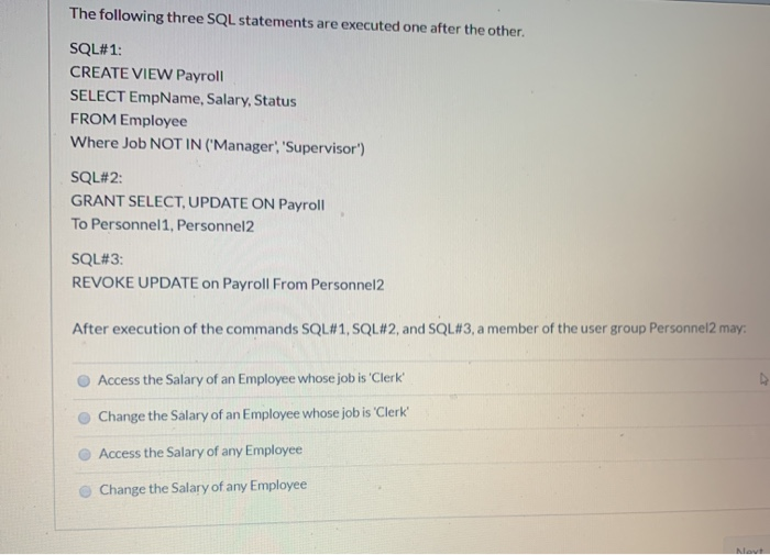 Solved The following three SQL statements are executed one | Chegg.com