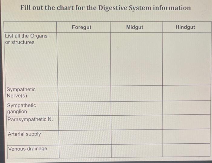 Solved Fill out the chart for the Digestive System | Chegg.com