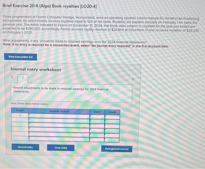 Solved Brief Exercise 20-6 (Algo) Book royalties [LO20-4] | Chegg.com