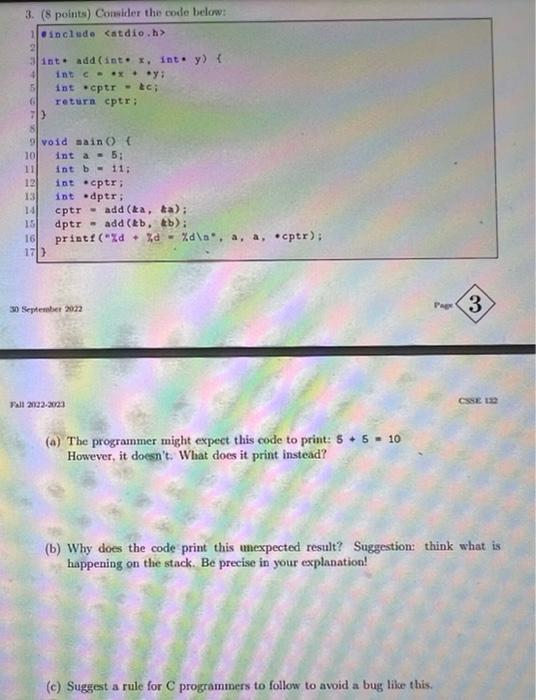 Solved 3. (8 points) Consider the code below: September aich | Chegg.com