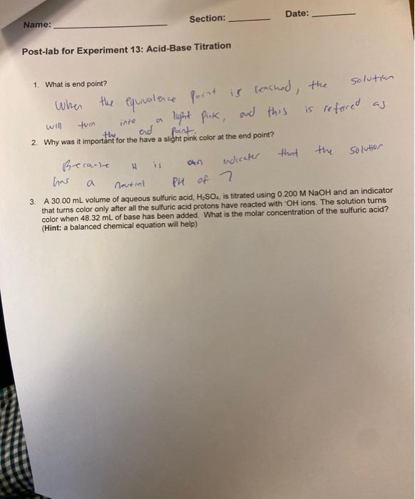 Solved Date: Section: Name: Post-lab for Experiment 13: | Chegg.com