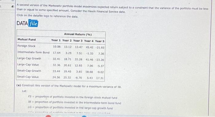 A second version of the Markowitz portfolio model | Chegg.com