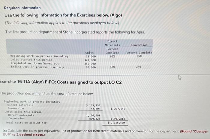 Solved Required information Use the following information | Chegg.com