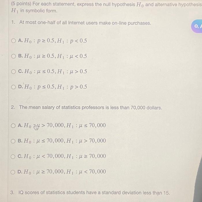 Solved ( 5 points) For each statement, express the null | Chegg.com