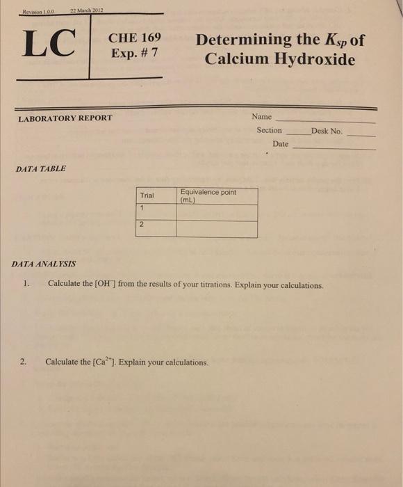 Solved LABORATORY REPORT Name Section Desk No Date DATA | Chegg.com