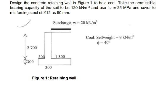 Solved Design the concrete retaining wall in Figure 1 to | Chegg.com