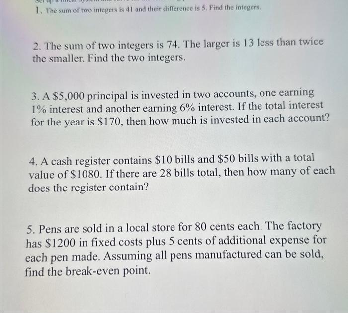 Solved 1. The sum of two integers is 41 and their difference | Chegg.com
