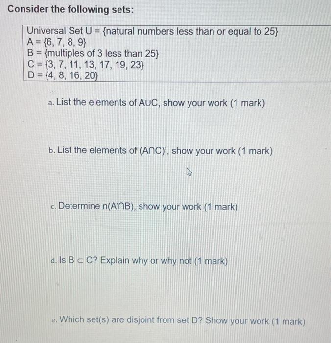 Solved Consider The Following Sets Universal Set U {