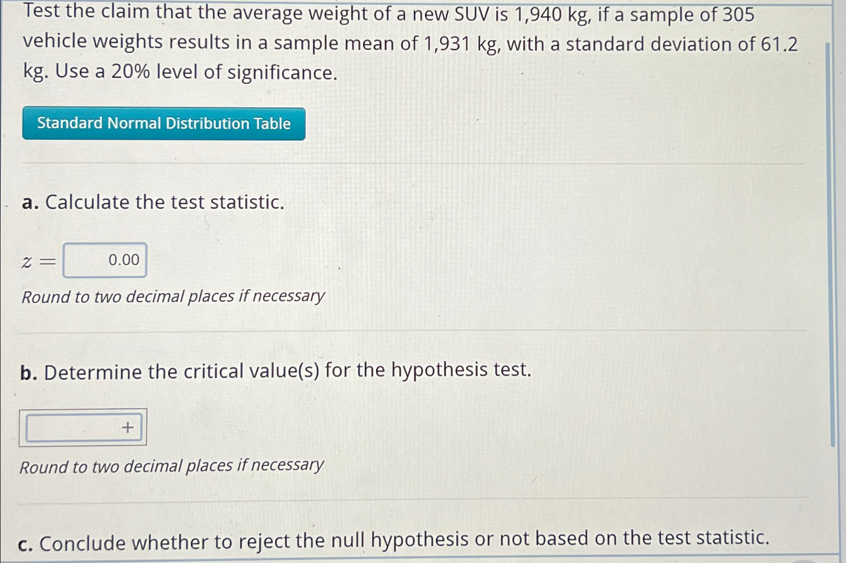 Solved Test the claim that the average weight of a new SUV | Chegg.com