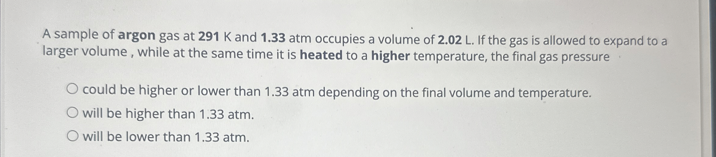 A sample of argon gas at 291K ﻿and 1.33 ﻿atm occupies | Chegg.com