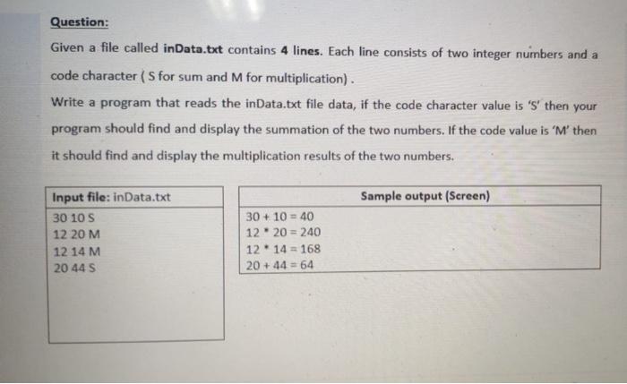 Solved Question: Given a file called inData.txt contains 4 | Chegg.com