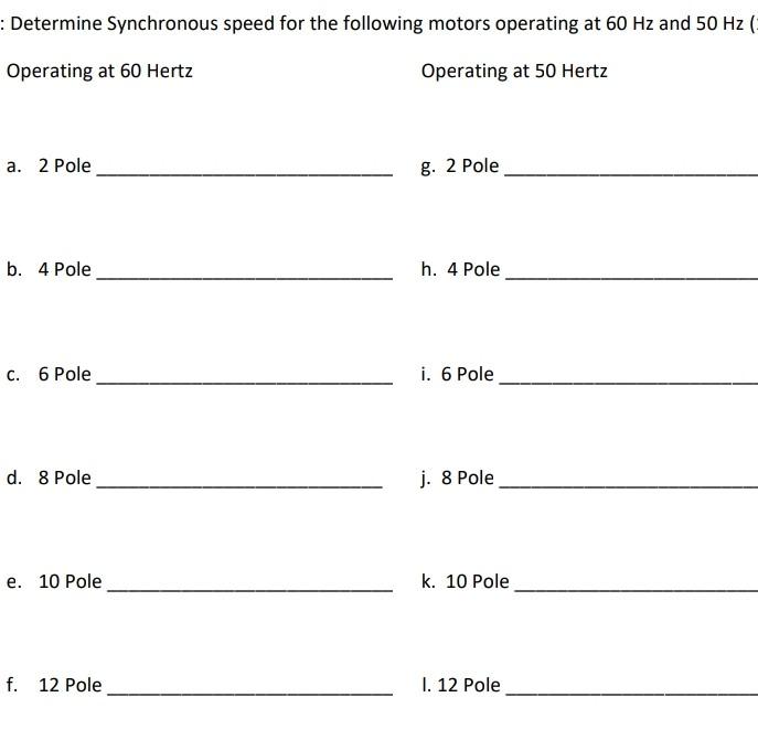 Solved Determine Synchronous speed for the following motors | Chegg.com