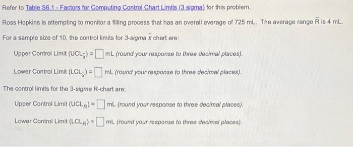Solved Refer to Table S6,1 - Factors for Computing Control | Chegg.com Solved Refer to Table S6,1 - Factors for Computing Control | Chegg.com
