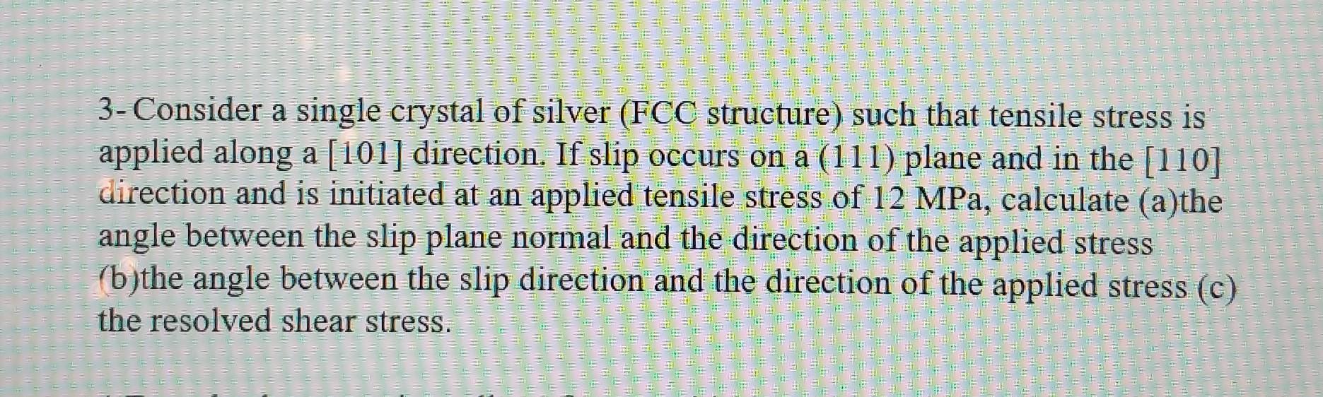Solved 3- Consider a single crystal of silver (FCC | Chegg.com