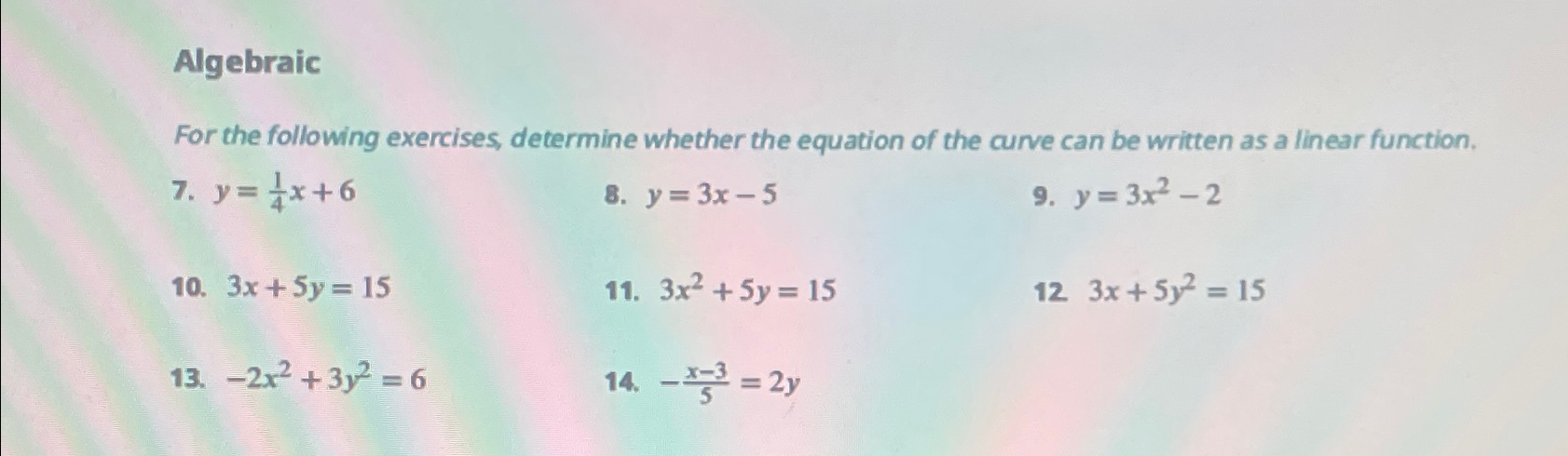 Solved AlgebraicFor the following exercises, determine | Chegg.com