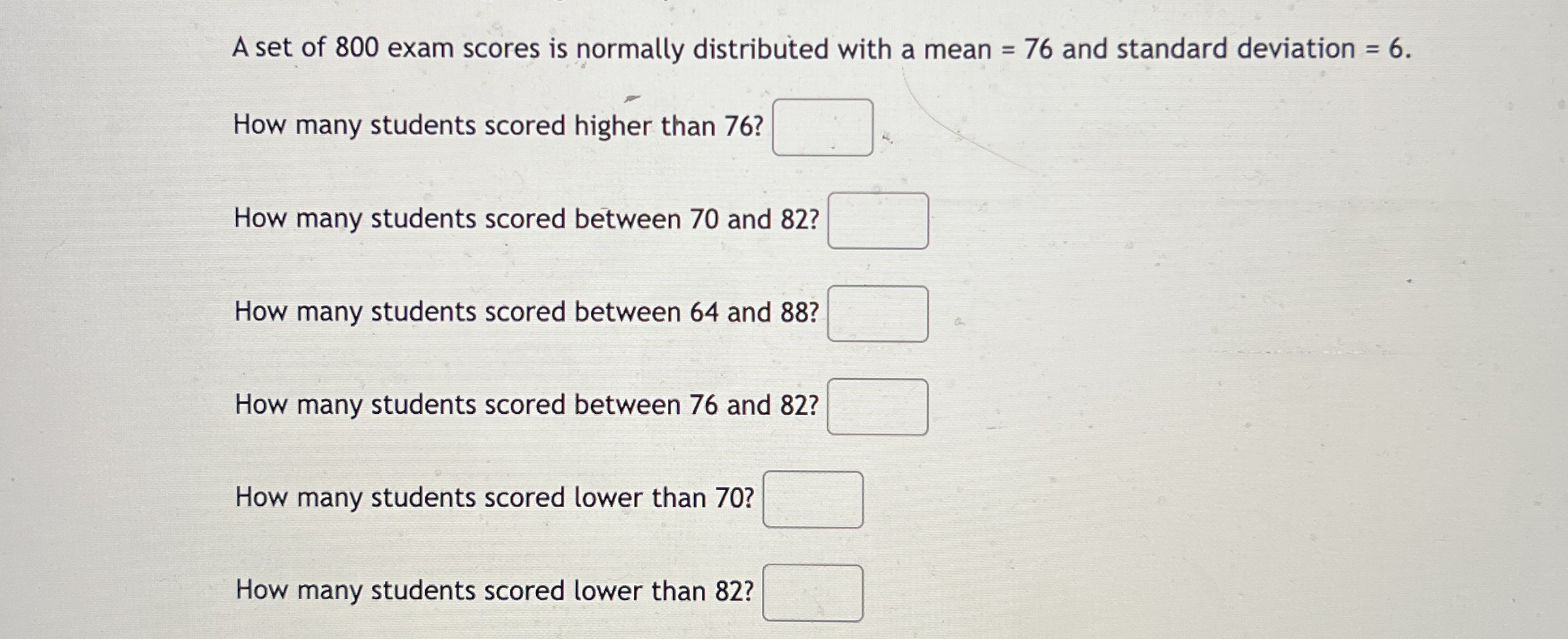 Solved A set of 800 ﻿exam scores is normally distributed | Chegg.com