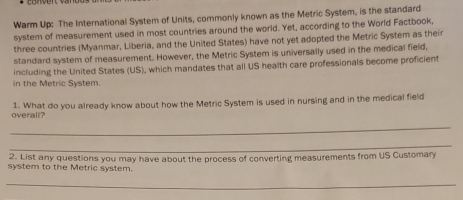 Solved Warm Up: The International System of Units, commonly | Chegg.com