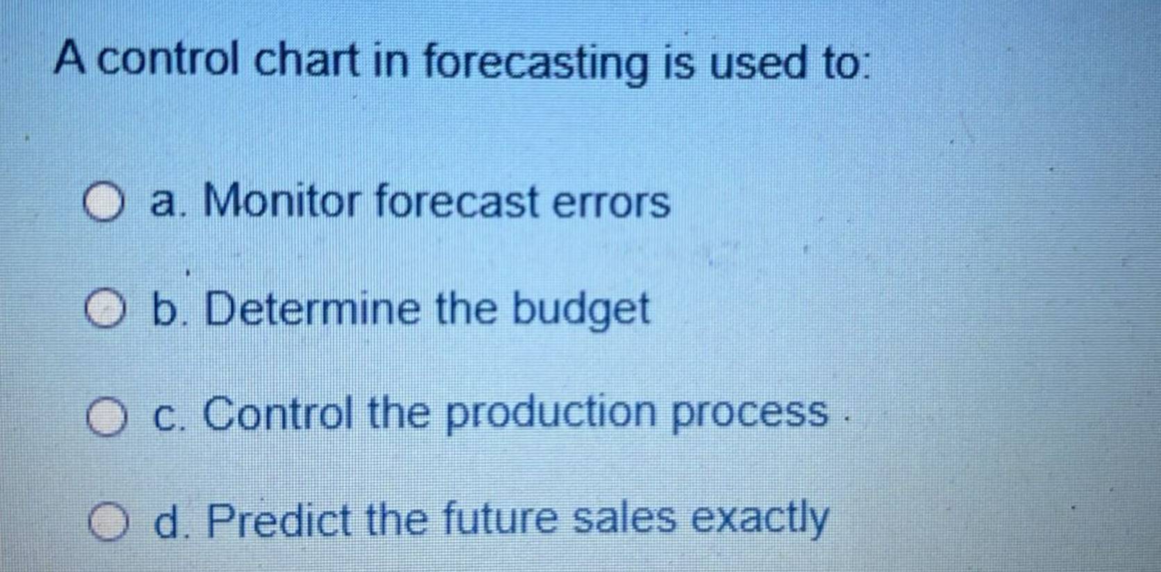 Solved A control chart in forecasting is used to:a. ﻿Monitor | Chegg.com