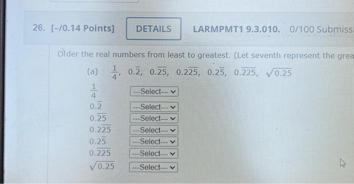 Solved Order the real numbers from least to greatest. (Let | Chegg.com