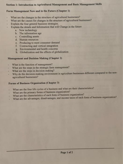 Solved Section 1: Introduction to Agricultural Management | Chegg.com