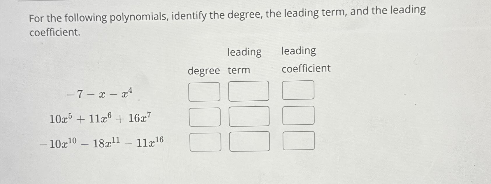 Solved For the following polynomials, identify the degree, | Chegg.com