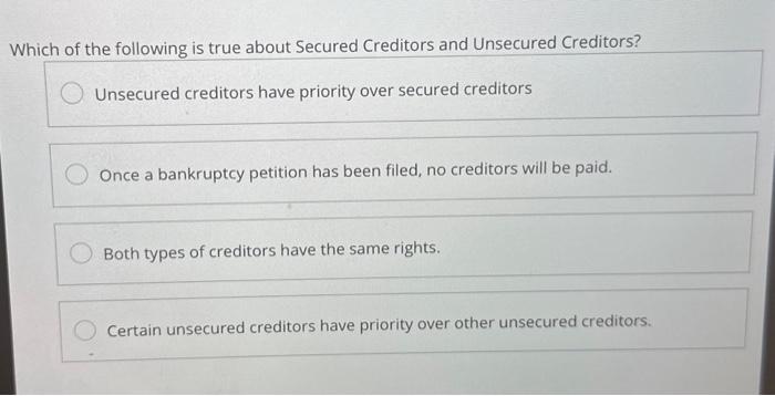 hich of the following is true about Secured Creditors | Chegg.com