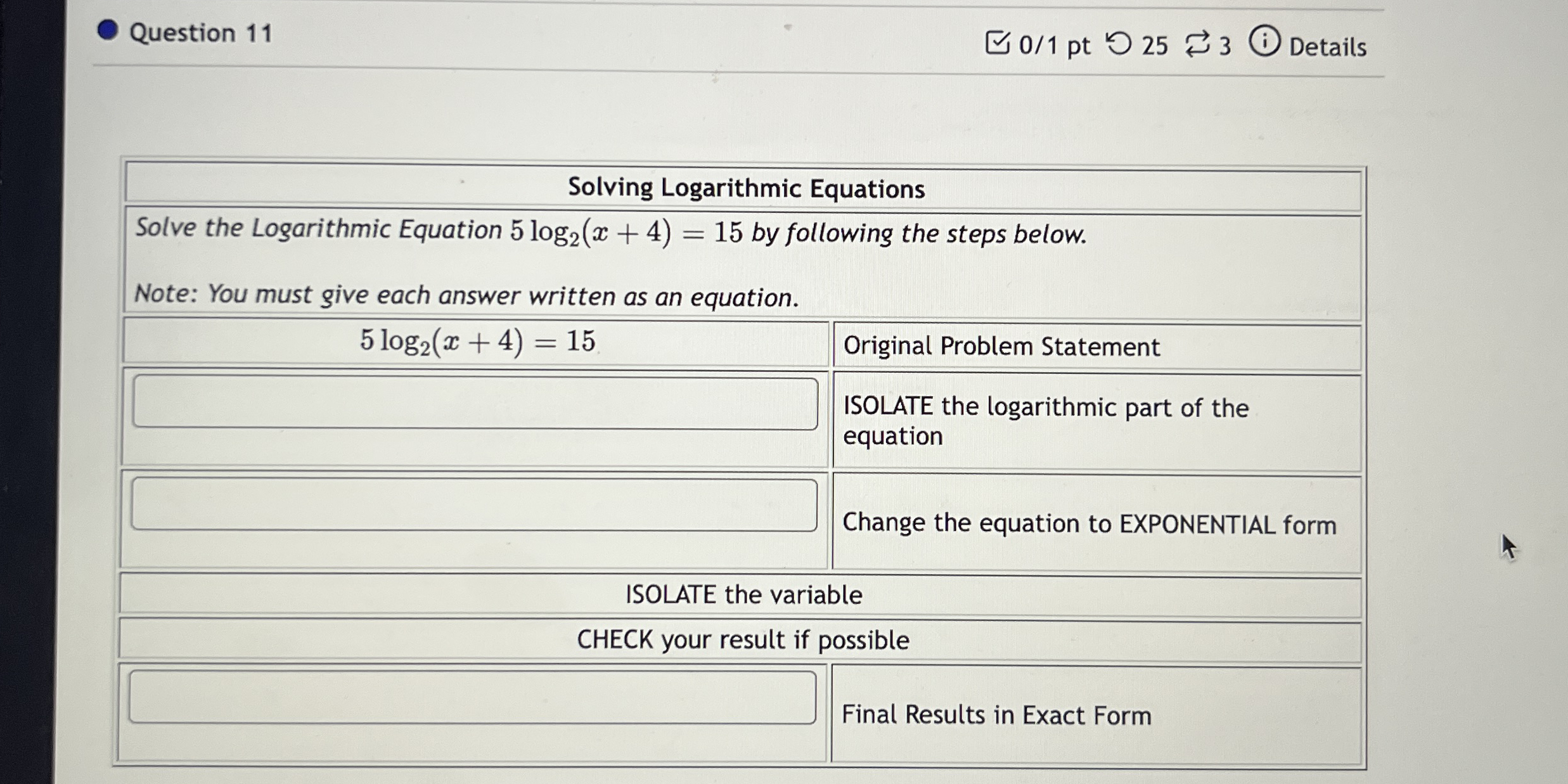 Solved Question 110/1 ﻿pt253DetailsSolving Logarithmic | Chegg.com