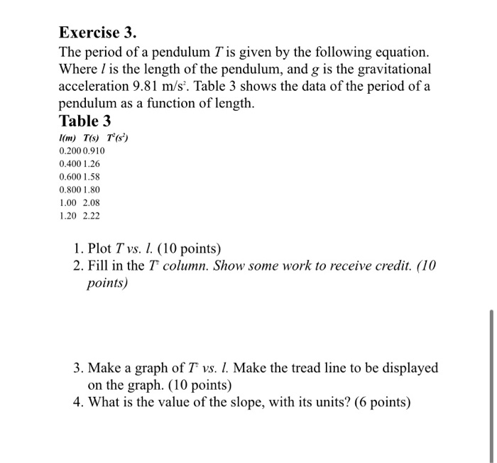Solved Exercise 3. The period of a pendulum T is given by | Chegg.com