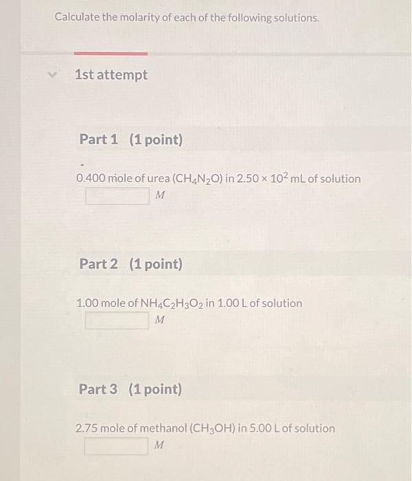 Solved Calculate the molarity of each of the following | Chegg.com