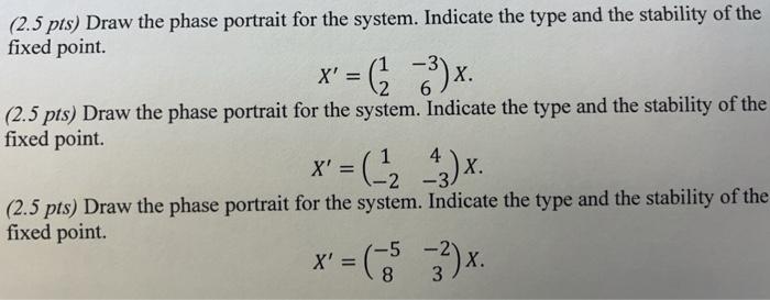 Solved (2.5 pts) Draw the phase portrait for the system. | Chegg.com