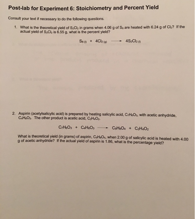 Solved Post-lab for Experiment 6: Stoichiometry and Percent | Chegg.com