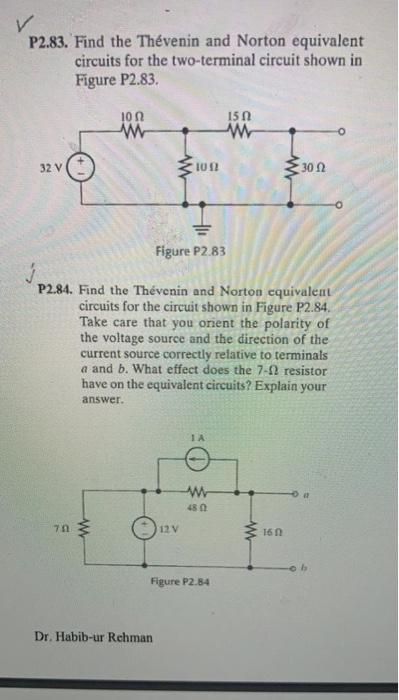 Solved v P2.83. Find the Thévenin and Norton equivalent | Chegg.com