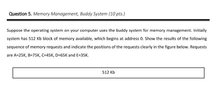 Solved Question 5. ﻿Memory Management, Buddy System (10 | Chegg.com